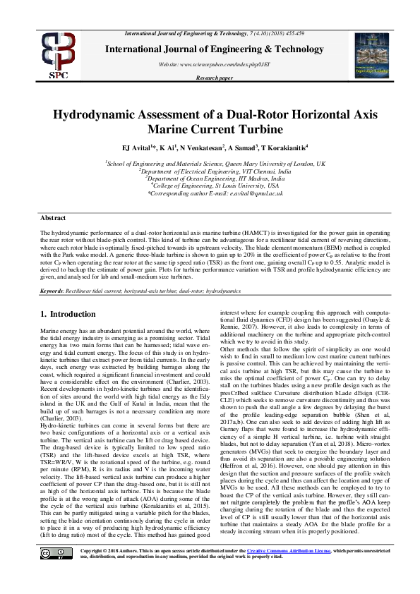 Pdf Hydrodynamic Assessment Of A Dual Rotor Horizontal Axis Marine Current Turbine