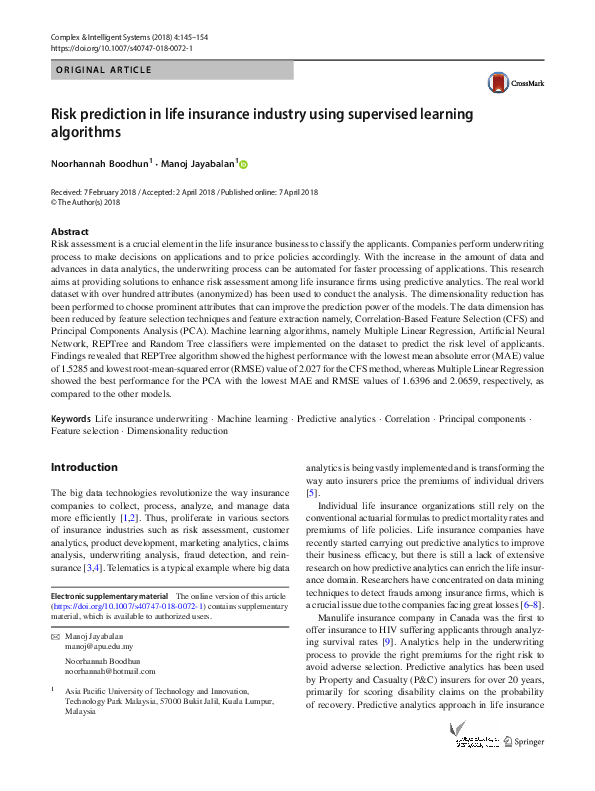 (PDF) Risk prediction in life insurance industry using supervised ...