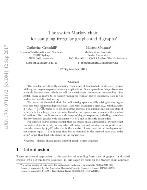 Pdf The Switch Markov Chain For Sampling Irregular Graphs And Digraphs