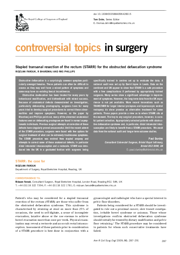 (PDF) Stapled transanal resection of the rectum (STARR) for the ...