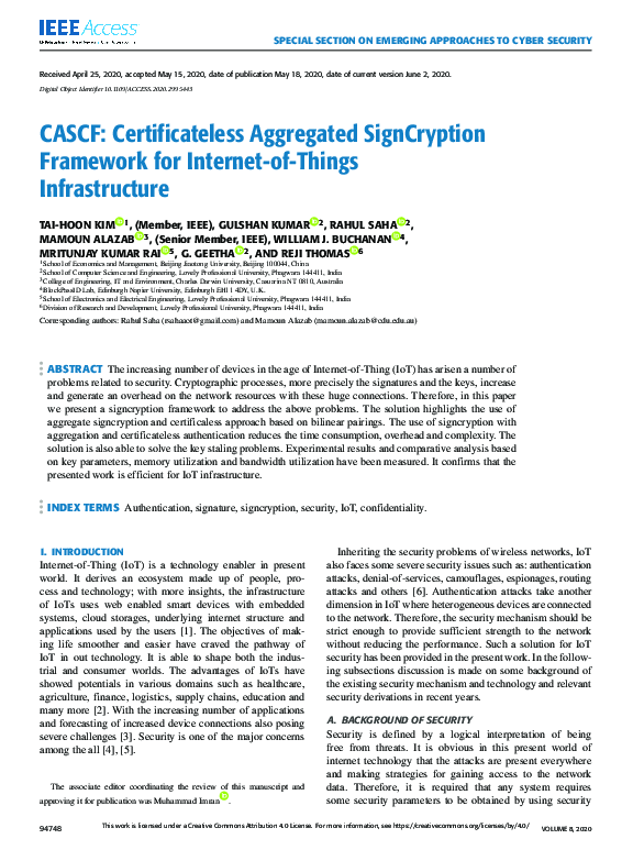 (PDF) CASCF: Certificateless Aggregated SignCryption Framework for Internet-of-Things Infrastructure
