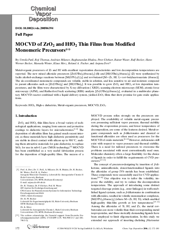 (PDF) MOCVD of ZrO2 and HfO2 Thin Films from Modified Monomeric Precursors