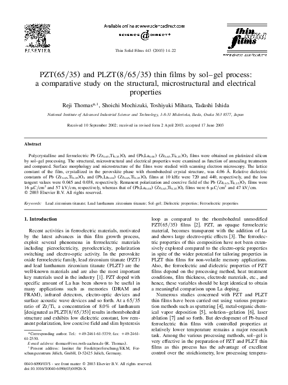 (PDF) PZT(65/35) and PLZT(8/65/35) thin films by sol–gel process: a ...