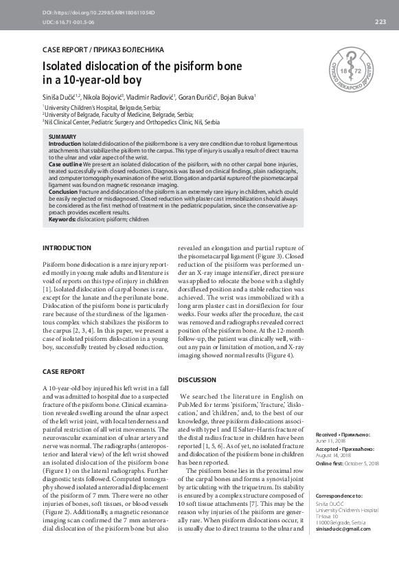 (PDF) Isolated dislocation of the pisiform bone in a 10-year-old boy