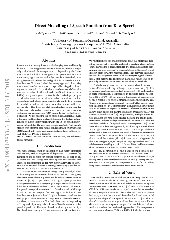 (PDF) Direct Modelling of Speech Emotion from Raw Speech
