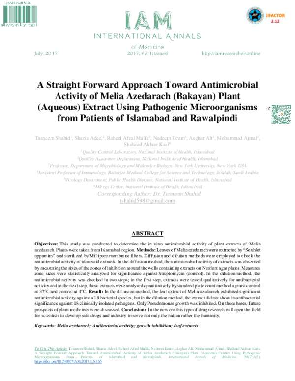 (PDF) A Straight Forward Approach Toward Antimicrobial Activity of Melia Azedarach (Bakayan ...