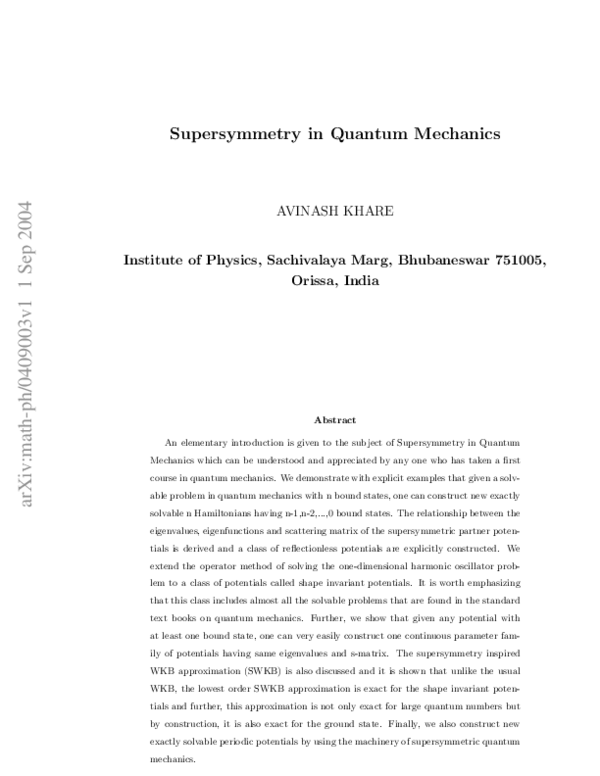 (PDF) Supersymmetry in Quantum Mechanics