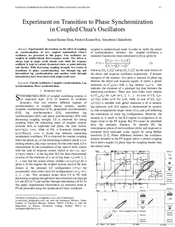 Pdf Experiment On Transition To Phase Synchronization In Coupled Chua