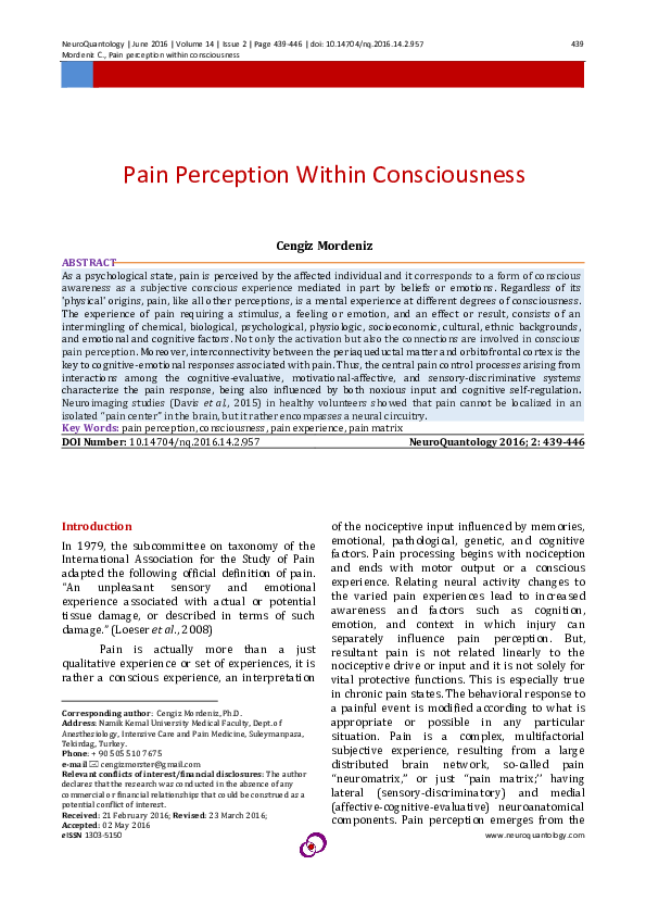 (PDF) Pain Perception Within Consciousness