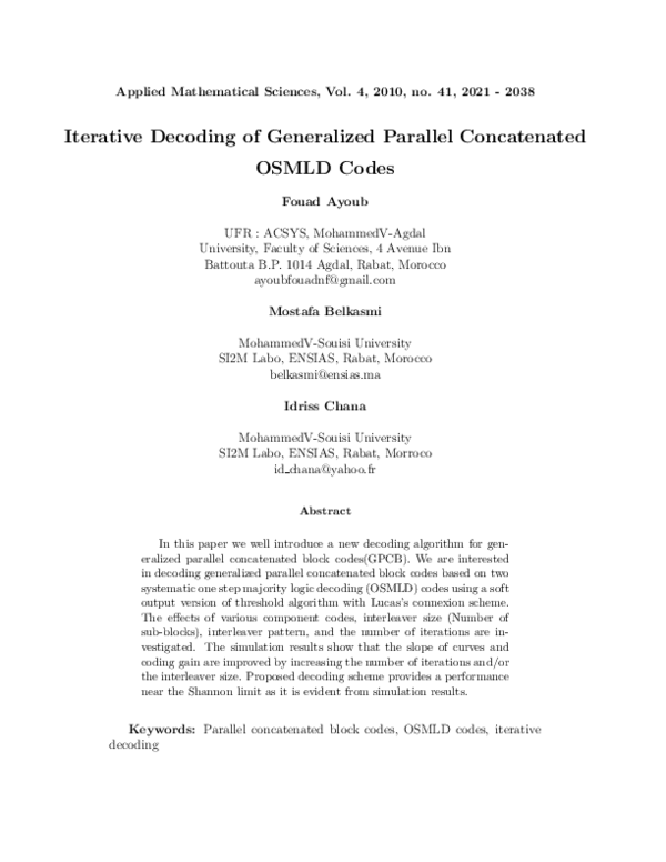 (PDF) Iterative Decoding of Generalized Parallel Concatenated OSMLD Codes