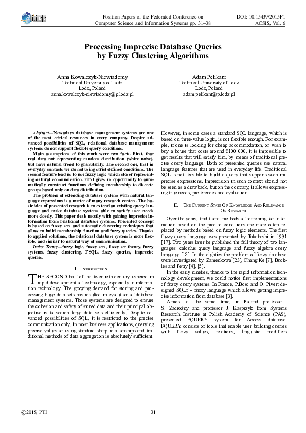(PDF) Processing Imprecise Database Queries by Fuzzy Clustering Algorithms (PDF) Processing Imprecise Database Queries by Fuzzy Clustering Algorithms