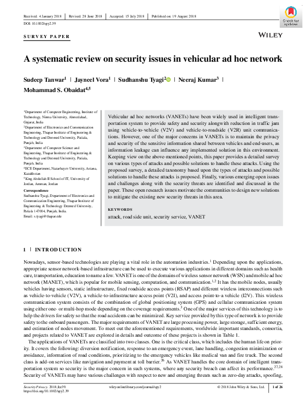 (PDF) A systematic review on security issues in vehicular ad hoc network
