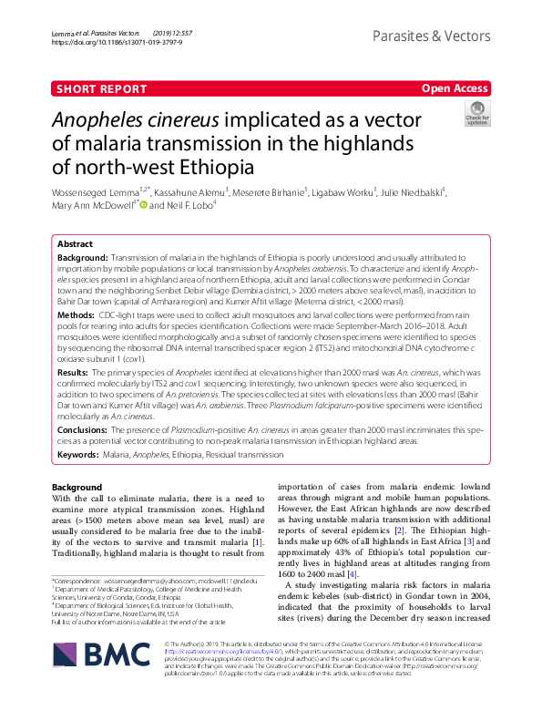 (PDF) Anopheles cinereus implicated as a vector of malaria transmission ...