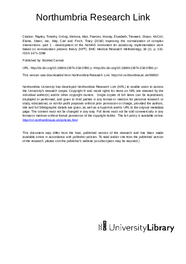 (PDF) Improving the normalization of complex interventions: part 1 - development of the NoMAD ...