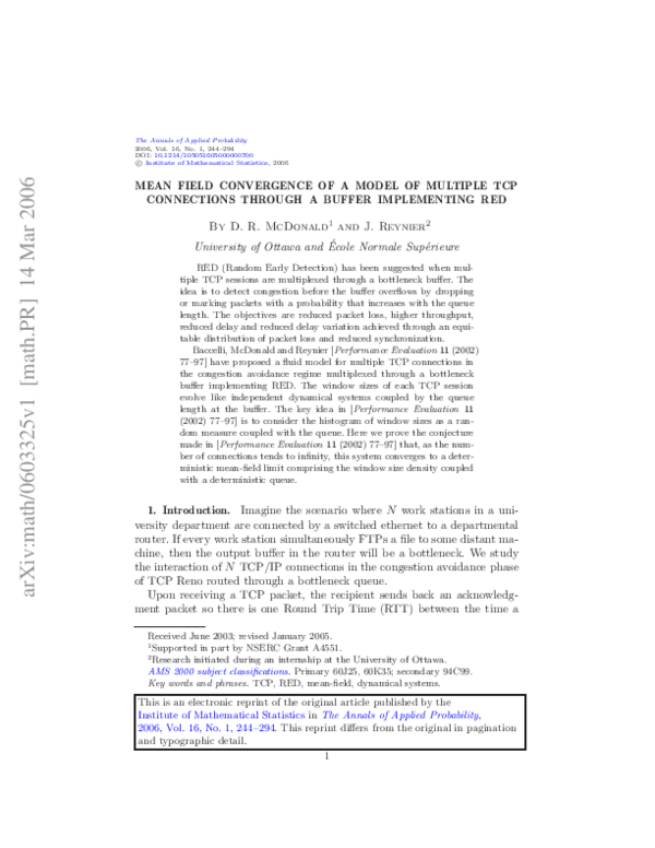Pdf A Mean Field Model For Multiple Tcp Connections Through A Buffer Implementing Red Julien