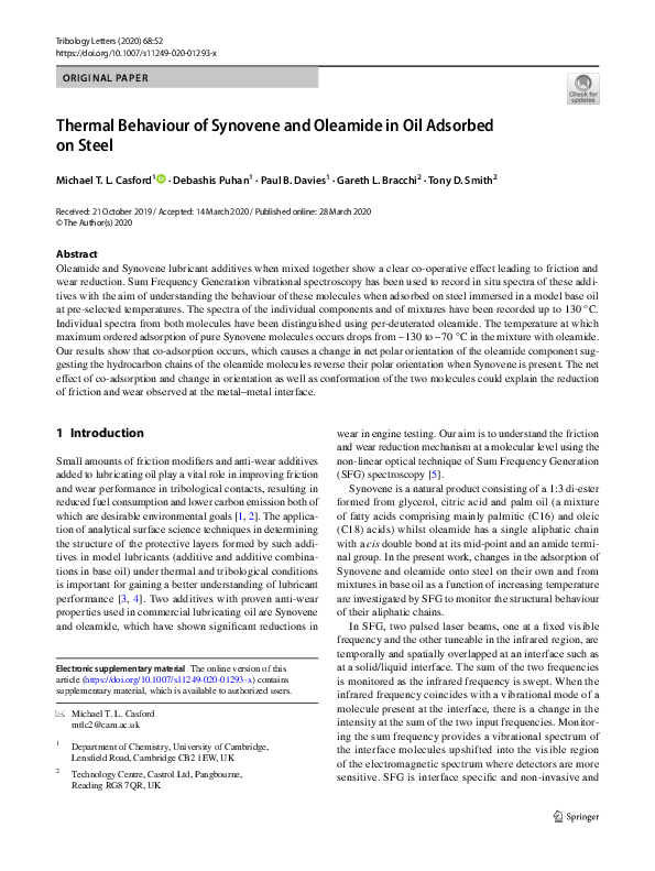 (PDF) Thermal Behaviour of Synovene and Oleamide in Oil Adsorbed on Steel