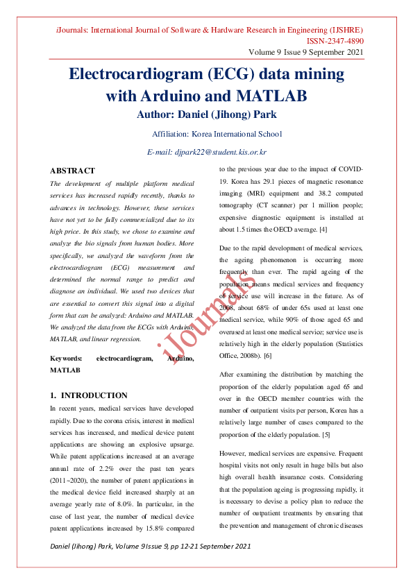 (PDF) Electrocardiogram (ECG) data mining with Arduino and MATLAB