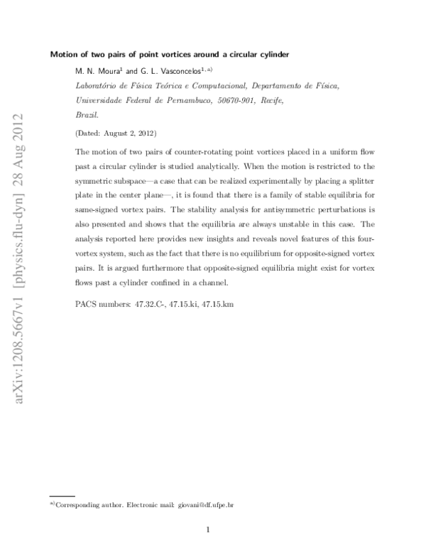 (PDF) Motion of two pairs of point vortices around a circular cylinder ...