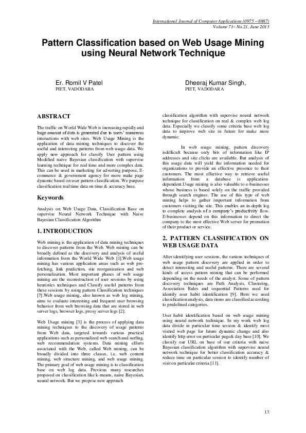 Pdf Pattern Classification Based On Web Usage Mining Using Neural Network Technique