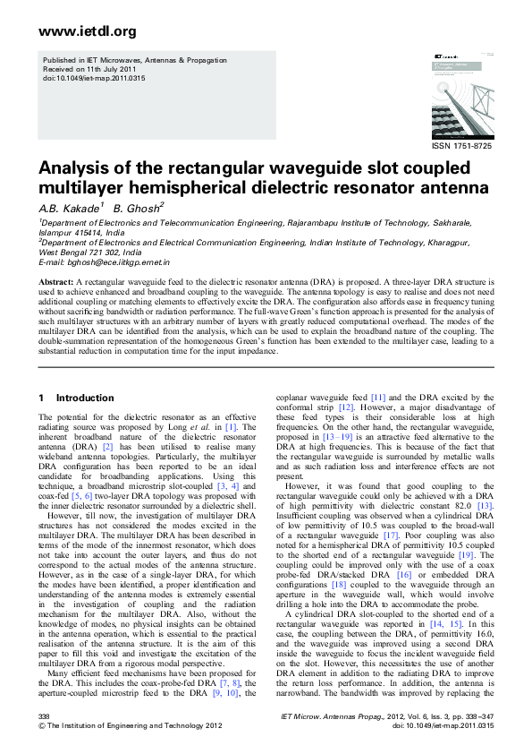 Pdf Analysis Of The Rectangular Waveguide Slot Coupled Multilayer Hemispherical Dielectric