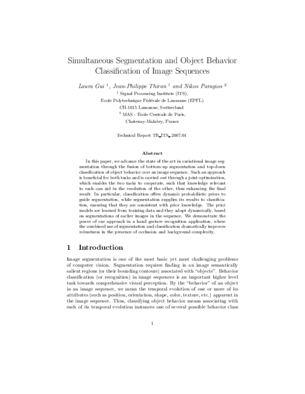 Pdf Simultaneous Segmentation And Object Behavior Classification Of Image Sequences Laura