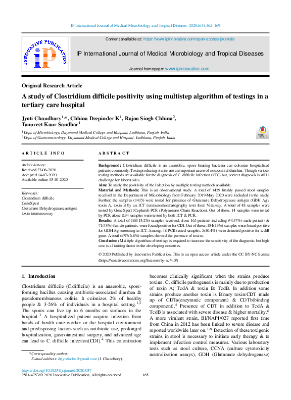 (PDF) A study of Clostridium difficile positivity using multistep ...