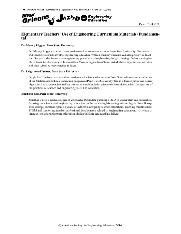 (PDF) Elementary Teachers' Use of Engineering Curriculum Materials ...