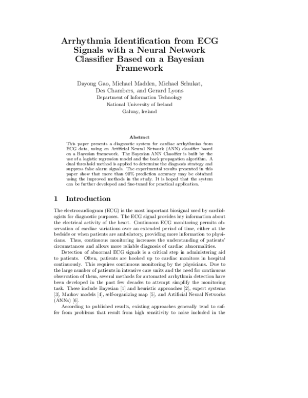 (PDF) Arrhythmia Identification from ECG Signals with a Neural Network Classifier Based on a ...