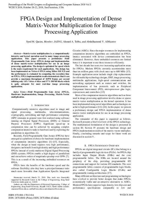 Pdf Fpga Design And Implementation Of Dense Matrix Vector Multiplication For Image Processing
