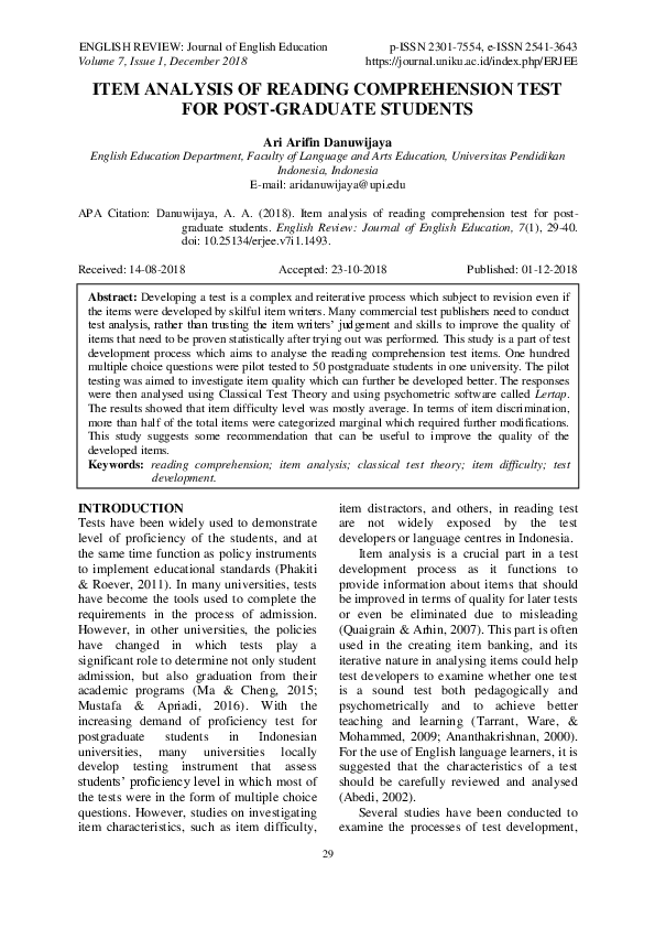 (PDF) Item Analysis of Reading Comprehension Test for Post-Graduate ...