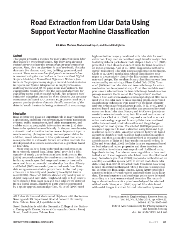 Pdf Road Extraction From Lidar Data Using Support Vector Machine Classification Mohammad