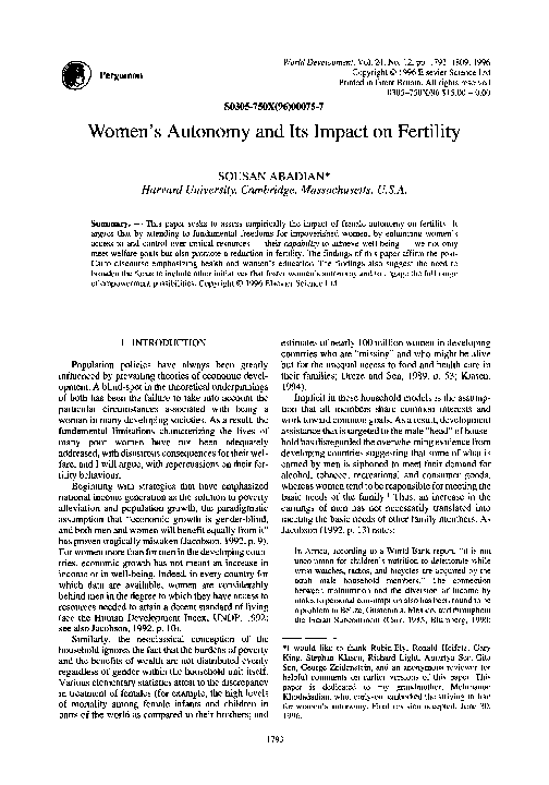 (PDF) Women's autonomy and its impact on fertility