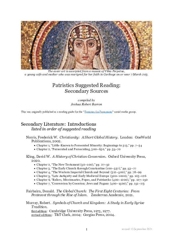 (PDF) Patristics Suggested Reading: Secondary Sources