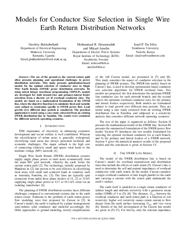 Pdf Models For Conductor Size Selection In Single Wire Earth Return Distribution Networks