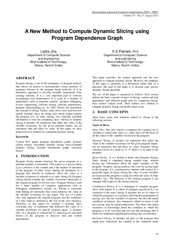 Pdf A New Method To Compute Dynamic Slicing Using Program Dependence Graph Ksridhar Patnaik
