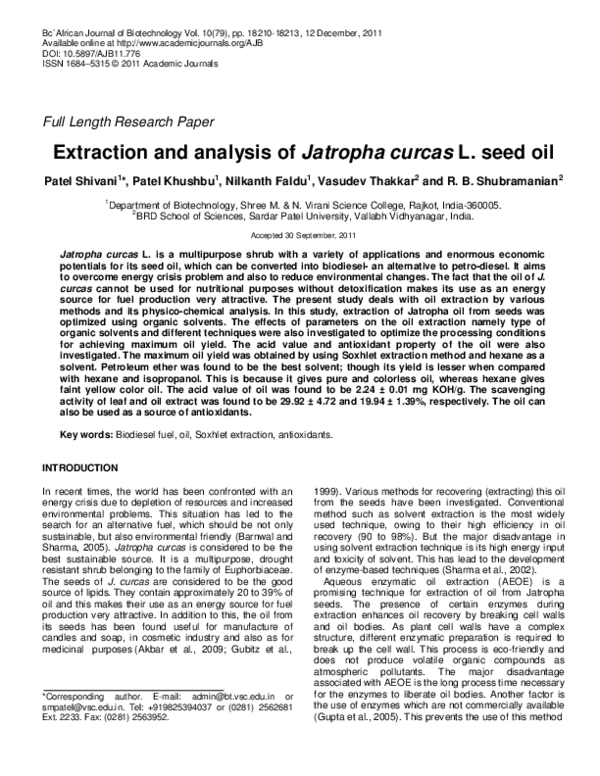 (PDF) Extraction and analysis of Jatropha curcas L. seed oil