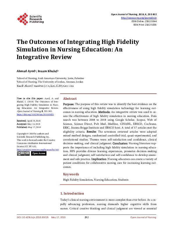 (PDF) The Outcomes of Integrating High Fidelity Simulation in Nursing Education: An Integrative ...