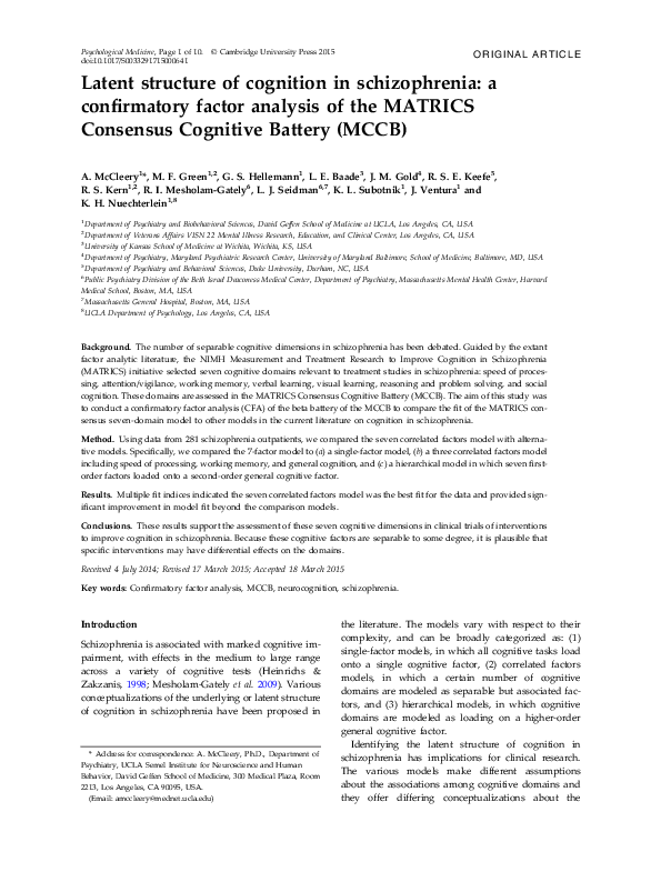(PDF) Latent structure of cognition in schizophrenia: a confirmatory ...