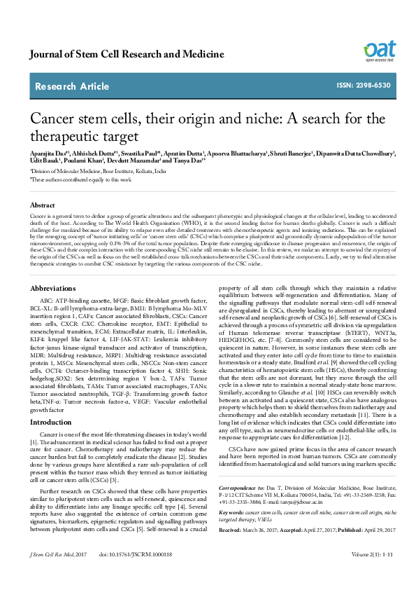 (PDF) Cancer stem cells, their origin and niche: A search for the ...