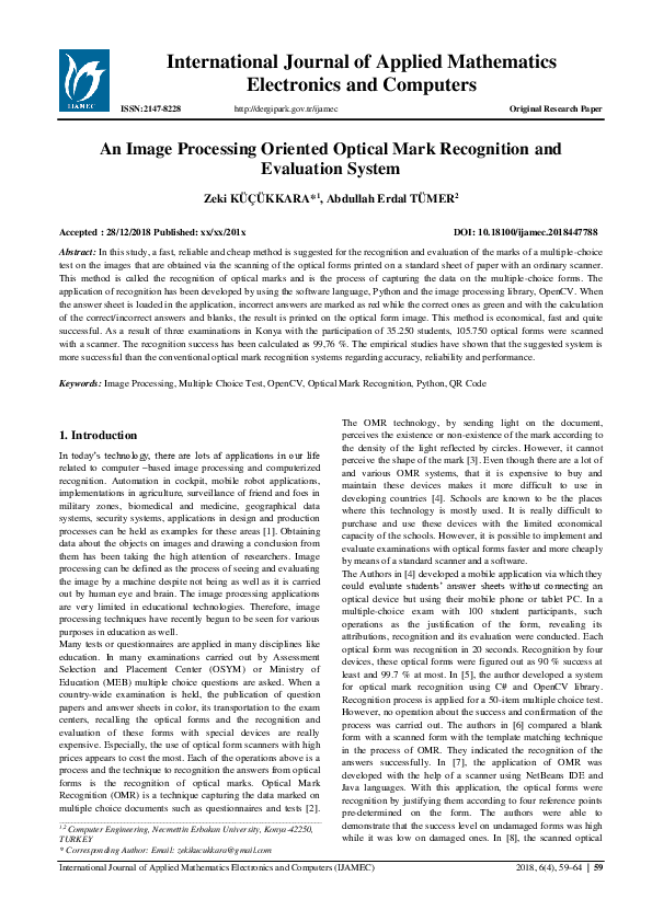 (PDF) An Image Processing Oriented Optical Mark Recognition and Evaluation System | Zeki ...