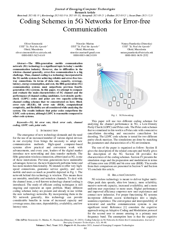 (PDF) Coding Schemes in 5G Networks for Error-free Communication