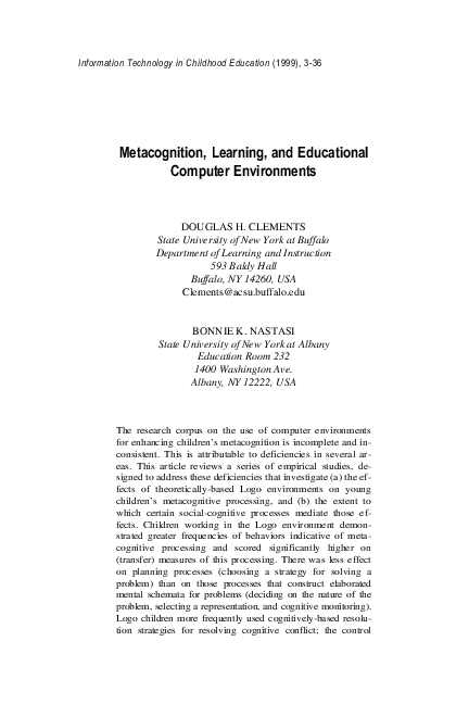 (PDF) Metacognition, learning, and educational computer environments