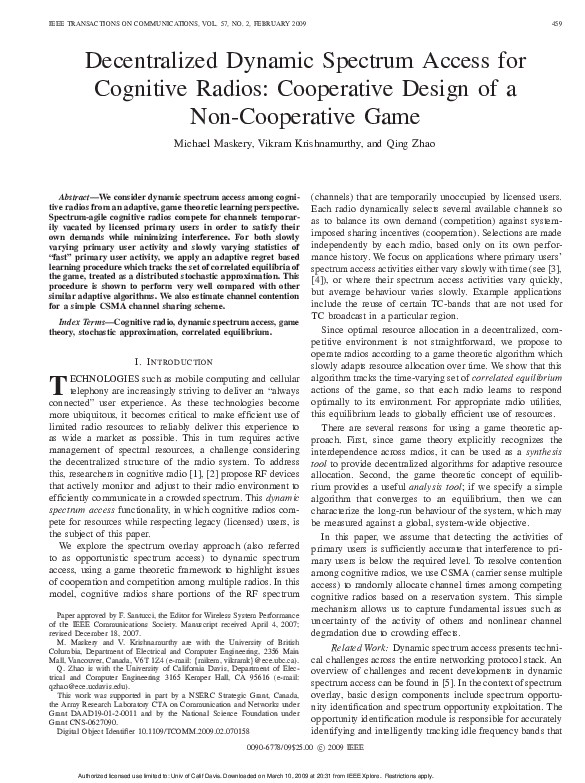 (PDF) Dynamic Spectrum Access in Cognitive Radios