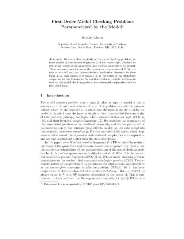 (PDF) First-order model checking problems parameterized by the model | Barnaby Martin - Academia.edu
