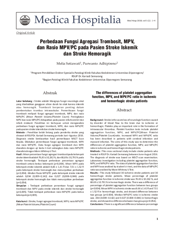 (PDF) Perbedaan Fungsi Agregasi Trombosit, MPV, Dan Rasio MPV/PC Pada Pasien Stroke Iskemik dan ...