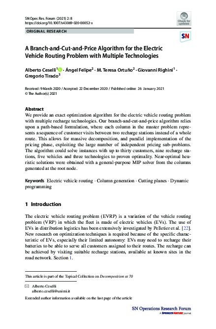Pdf A Branch And Cut And Price Algorithm For The Electric Vehicle Routing Problem With