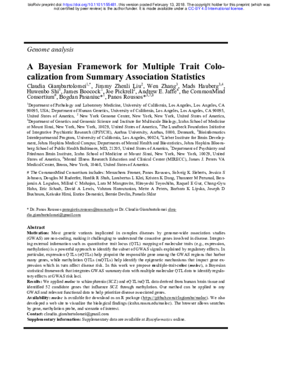 Pdf A Bayesian Framework For Multiple Trait Colocalization From Summary Association Statistics 