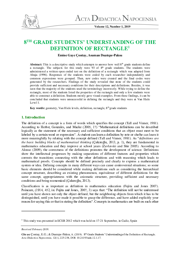 (PDF) 8 th Grade Students’ Understanding of the Definition of Rectangle