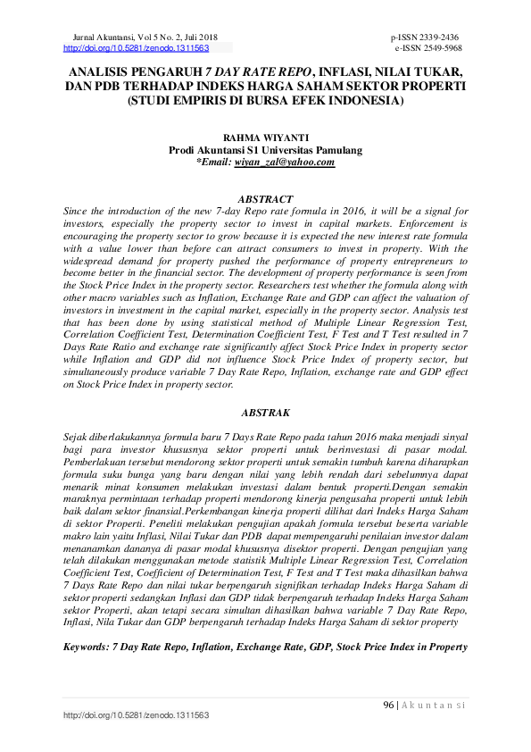 (PDF) Analisis Pengaruh 7 Day Rate Repo, Inflasi, Nilai Tukar, Dan PDB Terhadap Indeks Harga ...