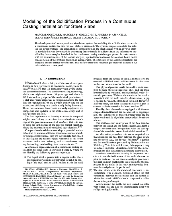 Pdf Modeling Of The Solidification Process In A Continuous Casting Installation For Steel Slabs
